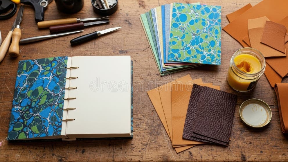 A Bookbinding Workshop Table with Tools, Leather, and Marbled Paper ...