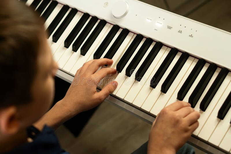 Overhead View Boy S Hands Pressing Piano Keys on Digital Keyboard Stock ...