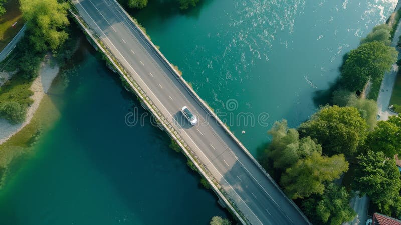 An Overhead View of the Bridge with a Car Over the River. Concept of ...