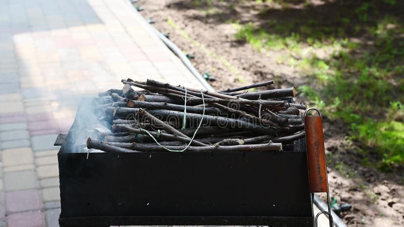 Overhead View Burning Tree Branches on the Fire on BBQ Grill in the ...