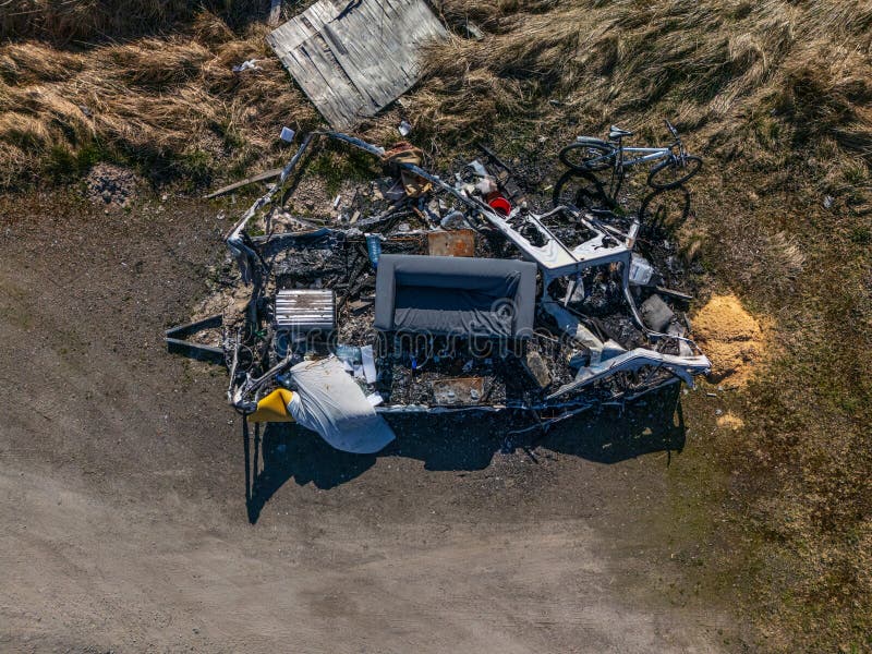 Overhead View of Burnt Out Vehicle with Scattered Debris.. Stock Image ...