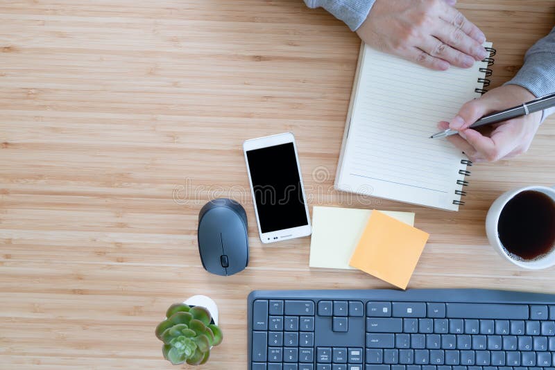 Overhead View of Businessman Working at Computer in Office Stock Image ...