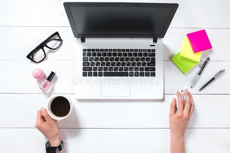 Overhead View of Businesswoman Working at Computer in Office Stock ...