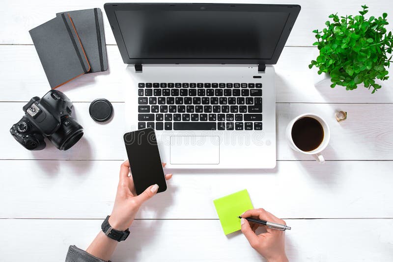 Overhead View of Businesswoman Working at Computer in Office Stock ...