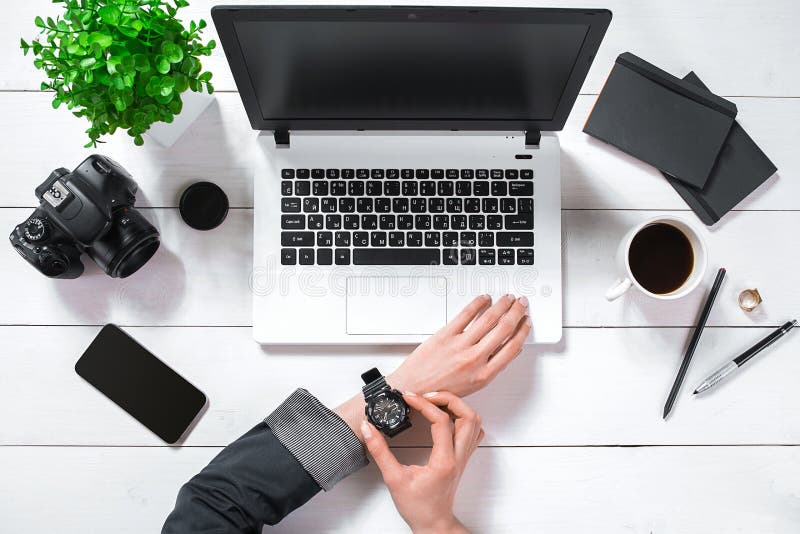 Overhead View of Businesswoman Working at Computer in Office Stock ...