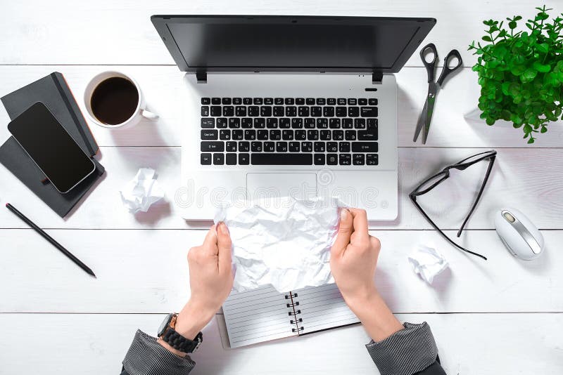 Overhead View of Businesswoman Working at Computer in Office Stock ...