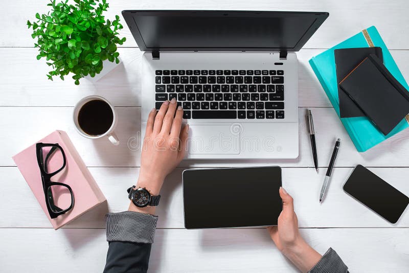 Overhead View of Businesswoman Working at Computer in Office Stock ...