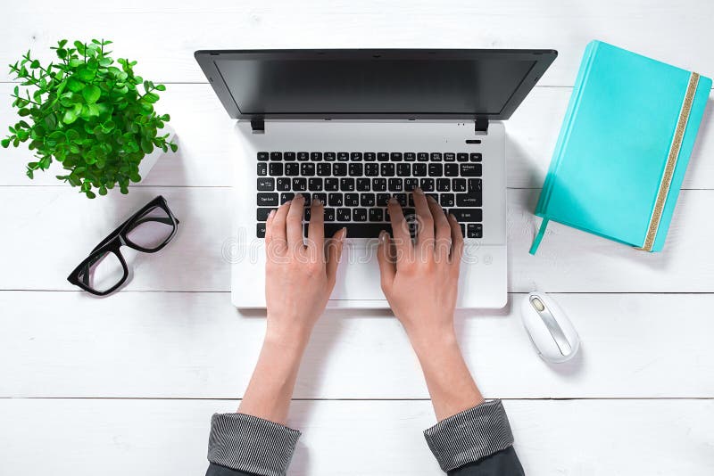 Overhead View of Businesswoman Working at Computer in Office Stock ...