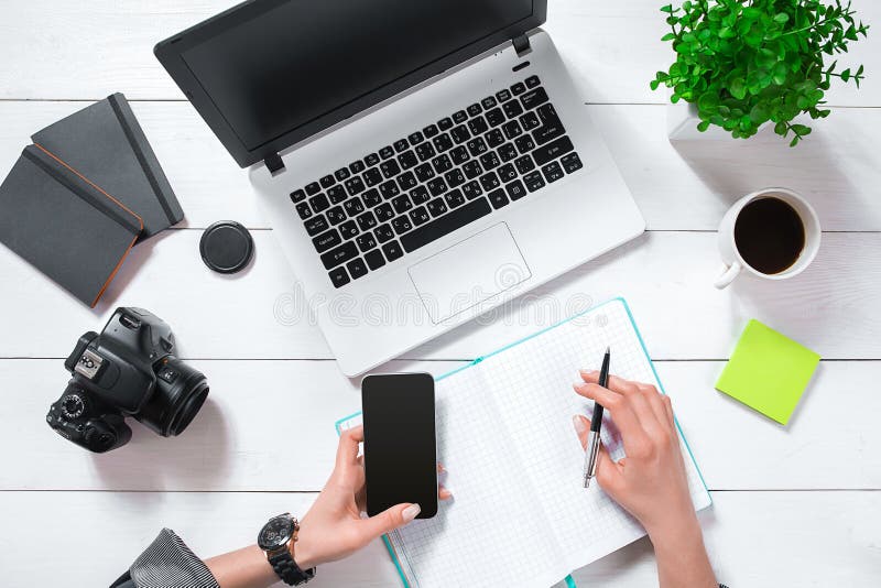 Overhead View of Businesswoman Working at Computer in Office Stock ...