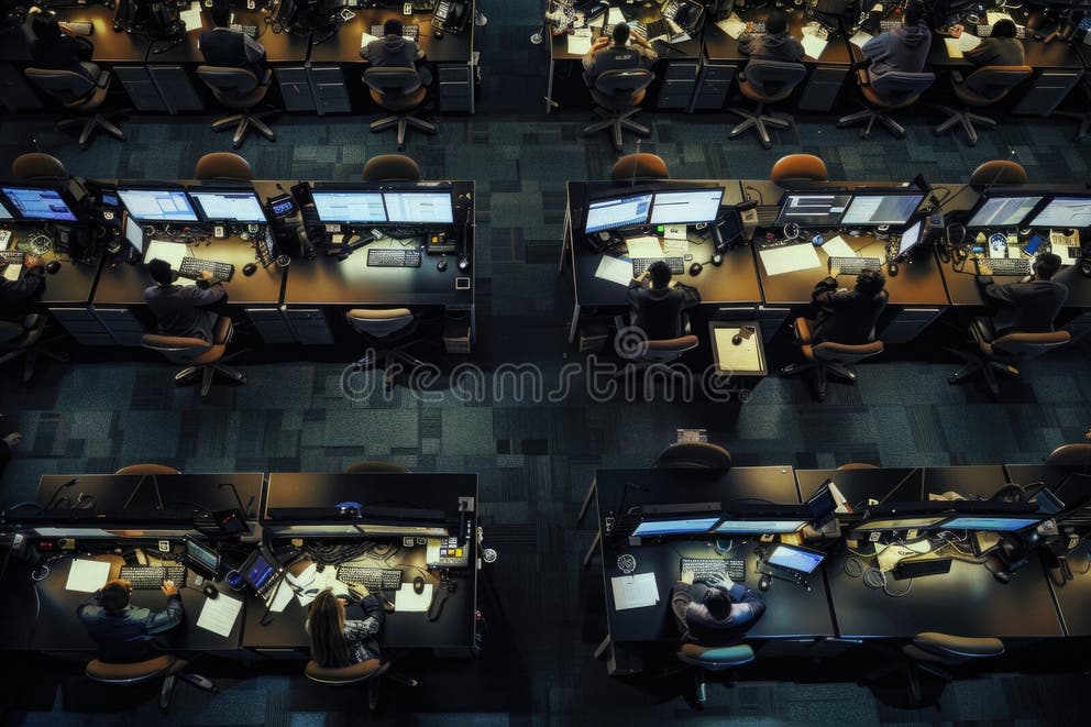 Overhead View of a Busy Command Center with People Working at Computer ...