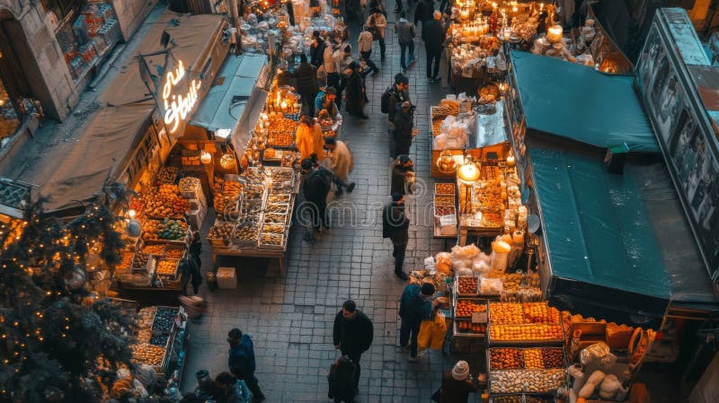 Overhead View of a Busy Market Stall with Various Goods and Shoppers ...