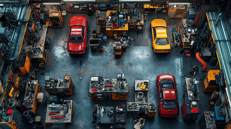 Overhead View of a Busy Mechanics Workshop with Classic Cars and Tools ...