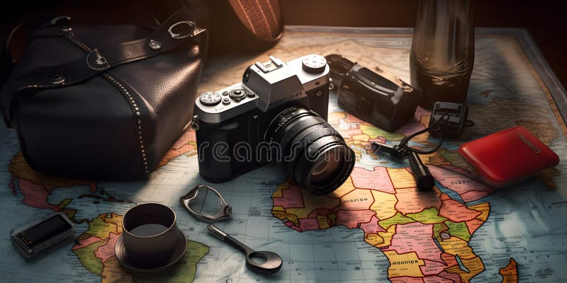 Camera and Accessories Lying on the Map. Traveling Concept Design ...