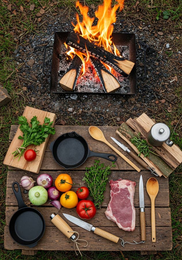 Overhead View of Campfire Cooking Ingredients Stock Illustration ...