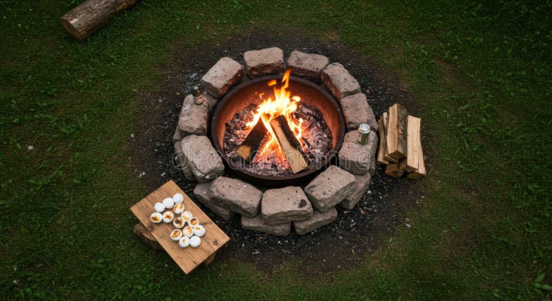 Overhead View of Campfire with Marshmallows in a Stone Fire Pit Stock ...
