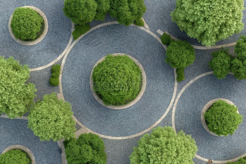 Circular Stone Pathways Intersected by Lush Green Trees in a Serene ...