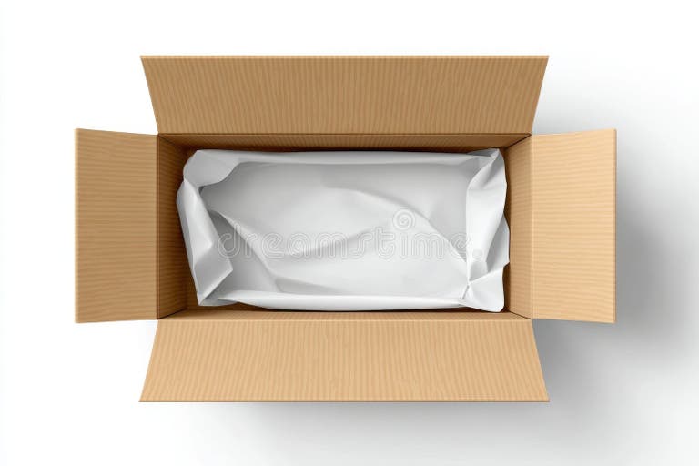 Overhead View of a Cardboard Box Opened with White Tissue Paper Packing ...