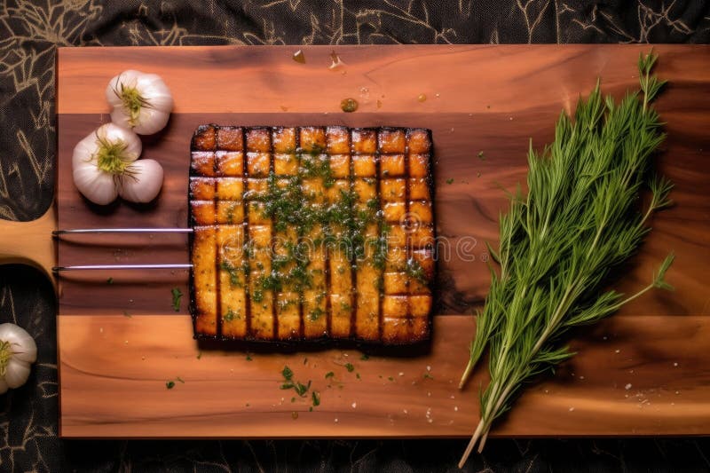 Overhead View of Cedar Plank with Grill Marks on Halloumi Stock ...
