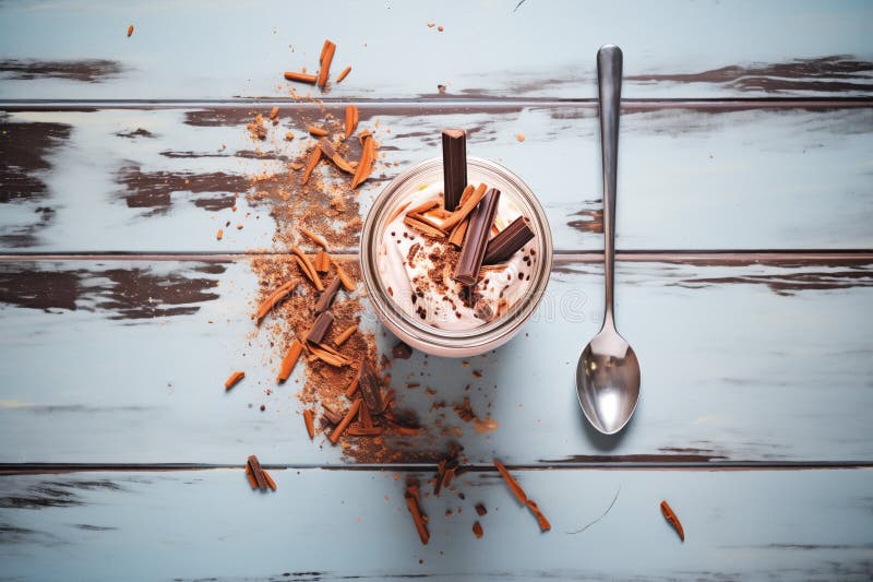 Overhead View of a Chocolate Milkshake Next To a Spoon Stock Photo ...