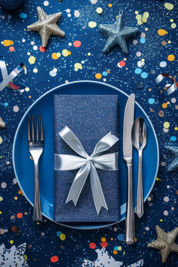 Overhead View Of A Christmas Dinner Table Setting With A Blank Paper