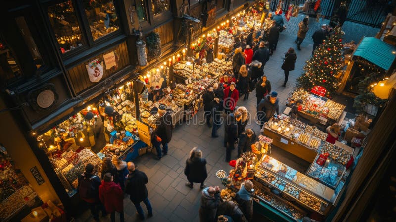 Overhead View of a Christmas Market with People Shopping and a ...