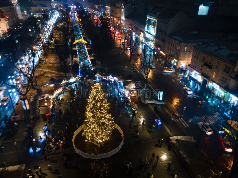 Overhead View of Christmas Tree Square in Lviv City Editorial Image ...