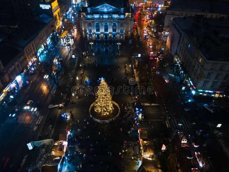 Overhead View of Christmas Tree Square in Lviv City Stock Photo - Image ...