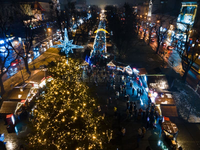 Overhead View of Christmas Tree Square in Lviv City Stock Photo - Image ...