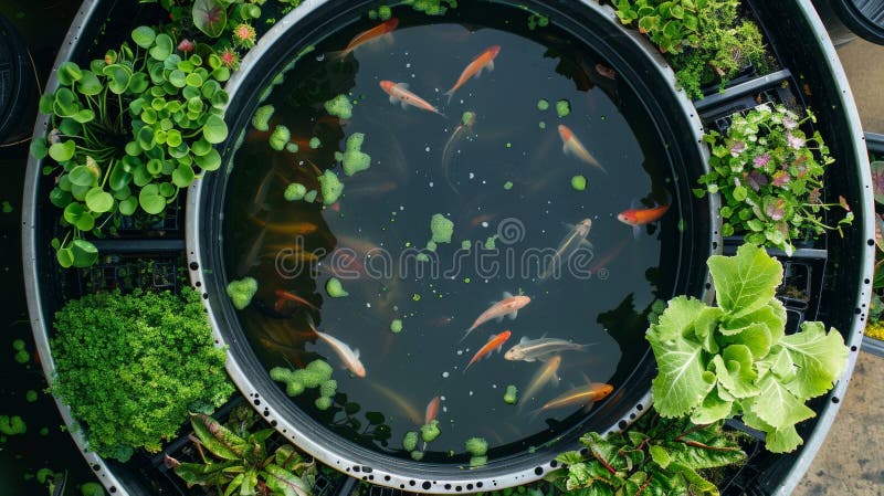 An Overhead View of a Circular Aquaponics System with Various Types of ...