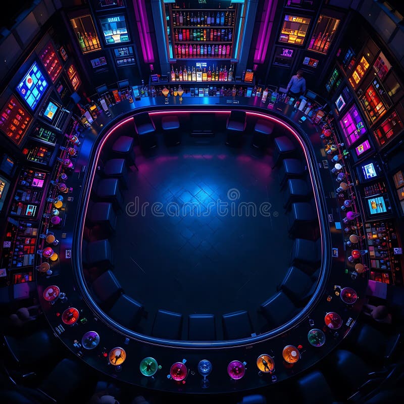 Overhead View of Circular Bar with Neon Lights and Bartender Stock ...