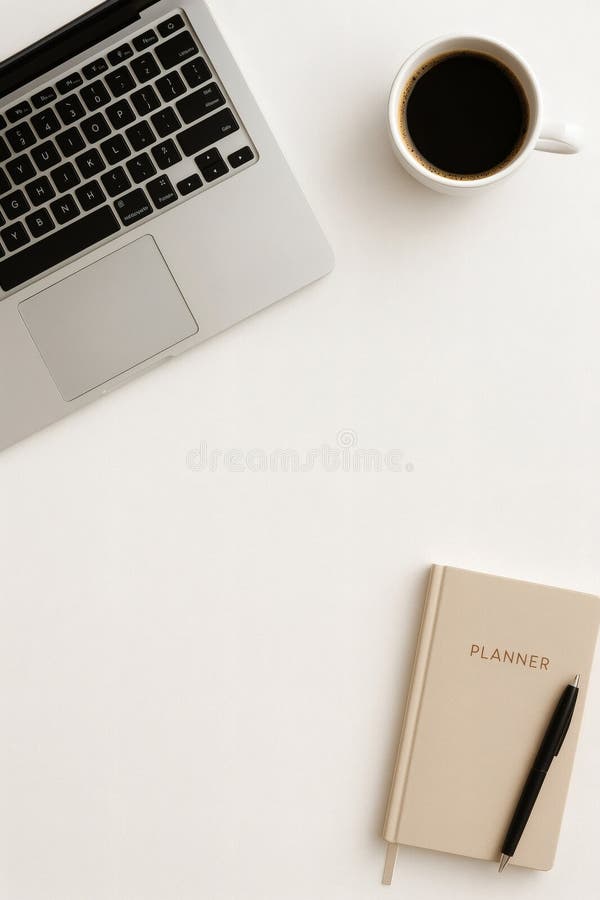 Overhead View of a Clean, Minimalist Workspace with a Laptop, Coffee ...