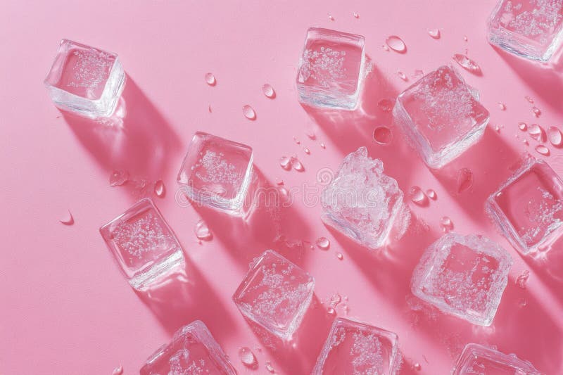 Overhead View of Clear Ice Cubes Arranged on a Pink Surface with Water ...