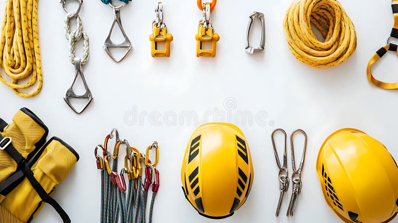 Overhead View of Climbing Gear Including Helmets, Ropes, and Harnesses ...