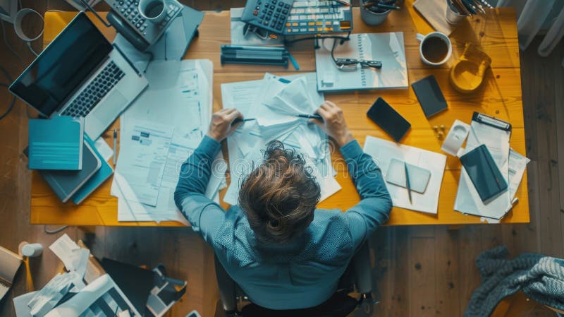 Overhead View of a Cluttered Desk with Business Documents and Laptop ...