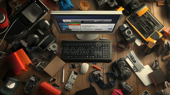 Overhead View of Cluttered Desk with Computer, Camera, and Other Tech ...