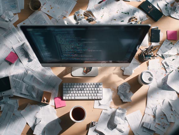 Overhead View of a Cluttered Desk with a Computer, Papers, and Coffee ...