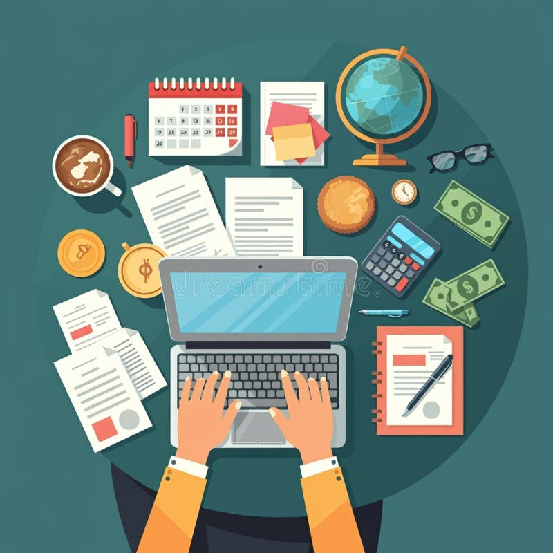 Overhead View of a Cluttered Desk Featuring a Laptop, with Hands Typing ...