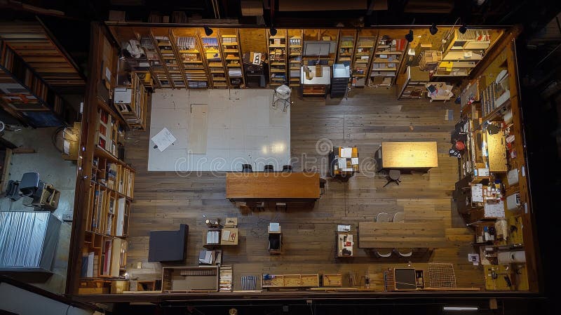 Overhead View of a Cluttered Office or Workspace with Bookshelves and a ...