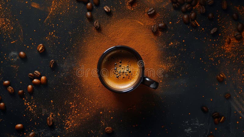 Overhead View of Coffee Cup with Scattered Powder and Beans Stock Photo ...