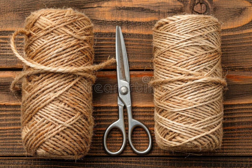 Overhead View of a Coiled Rough Rope and Scissors on a Wooden Surface ...