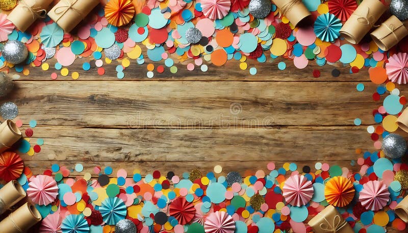 Overhead View of Colorful Confetti Layered on Wooden Table, Creating ...