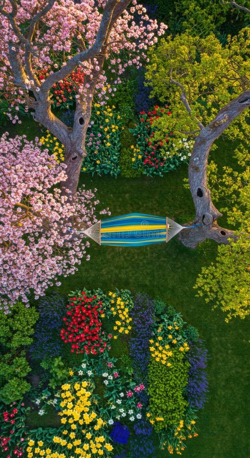 Overhead View of Colorful Spring Garden with Bench Stock Illustration ...