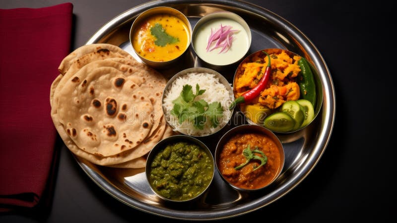 An Overhead View of a Colorful Thali with Different Types of Curries ...