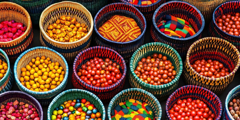 Overhead View of Colorful Woven Baskets Filled with Various Round ...