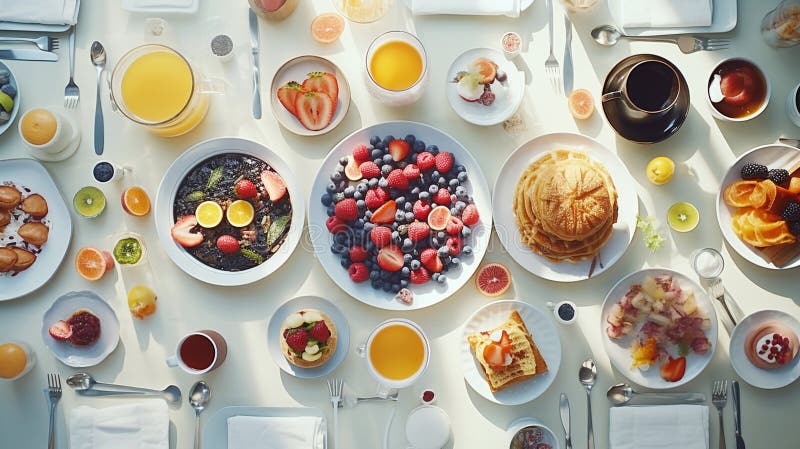Overhead View of Communal Breakfast Scene, Highlighting Shared Meals in ...