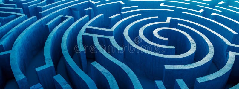 Overhead View of a Complex Circular Maze in Monochromatic Blue Tones ...