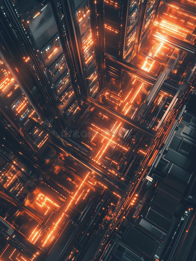 Overhead View of a Complex Data Center Filled with Illuminated Server ...