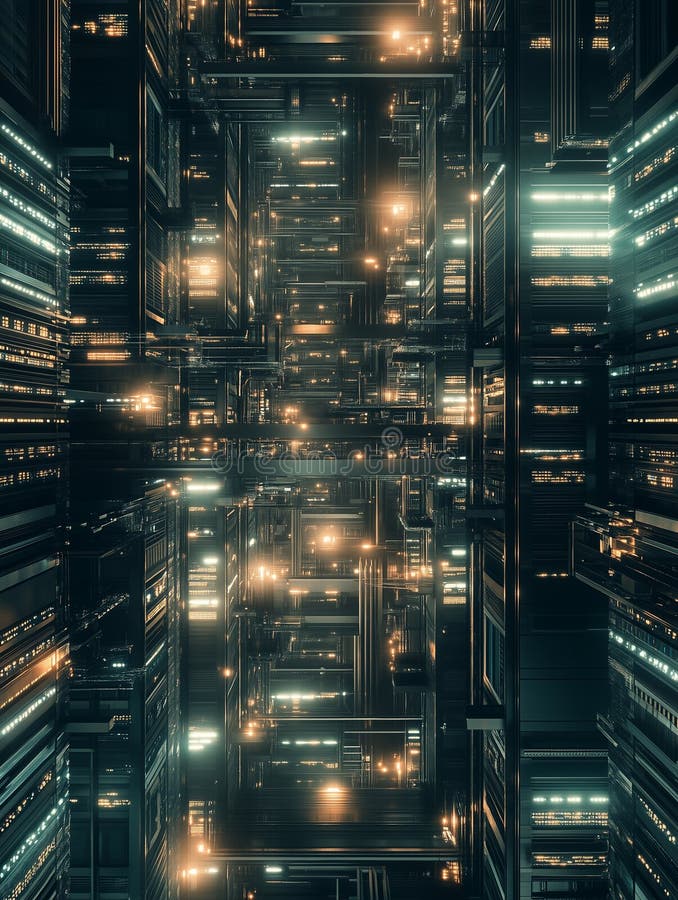 Overhead View of a Complex, Illuminated Data Center Filled with Vibrant ...