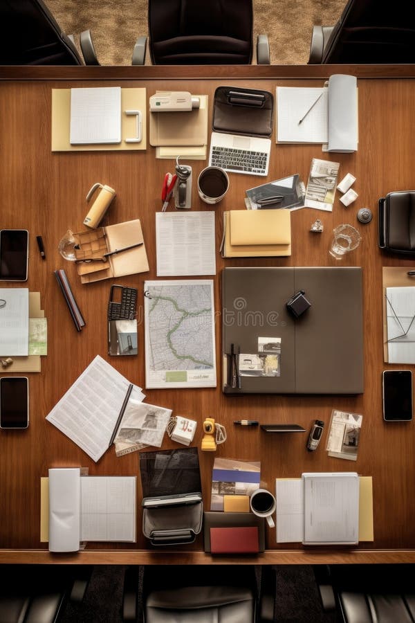 Overhead View of Conference Table with Documents and Gadgets Stock ...