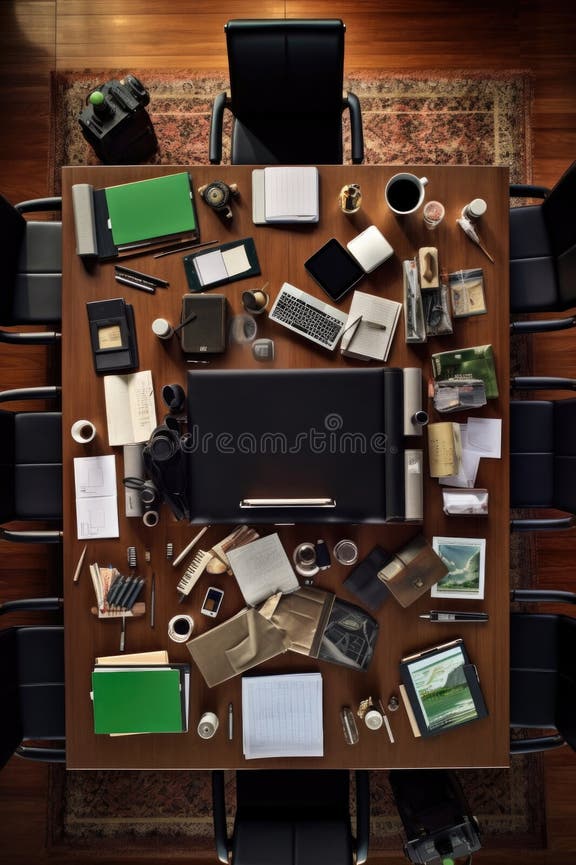 Overhead View of Conference Table with Documents and Gadgets Stock ...